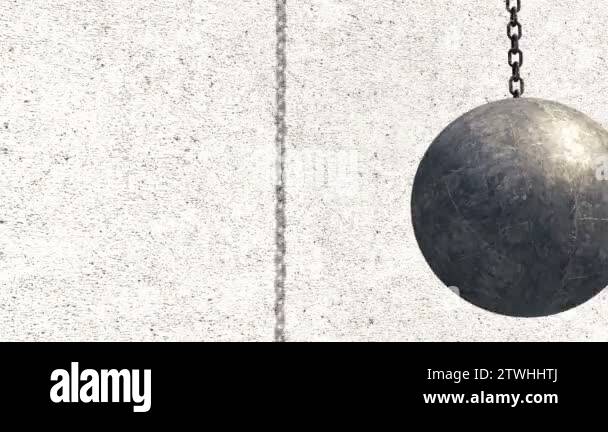 Metallic Wrecking Ball Shattering The White Wall. Green Screen. 3D ...