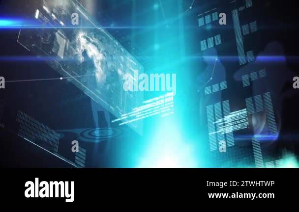 Digital animation of a futuristic interface with graphs, data, and a globe rotating. Background ...