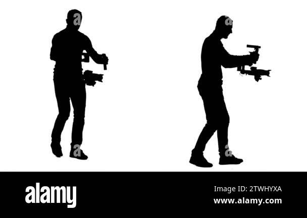 Cameraman steps with the camera on his steadicam. White background ...