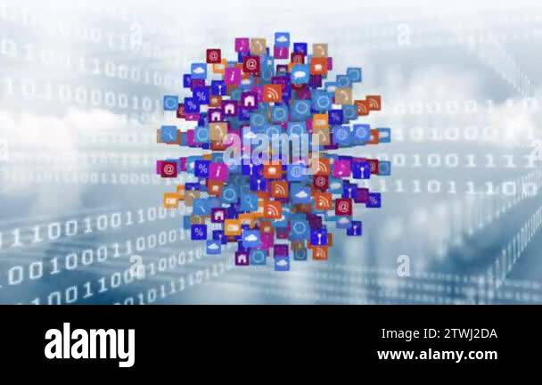 Digital Animation Of Internet Icons In The Shape Of Globe On Sky Background Behind The Icons 