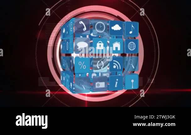 Digital animation of different online and application icons in blue ...