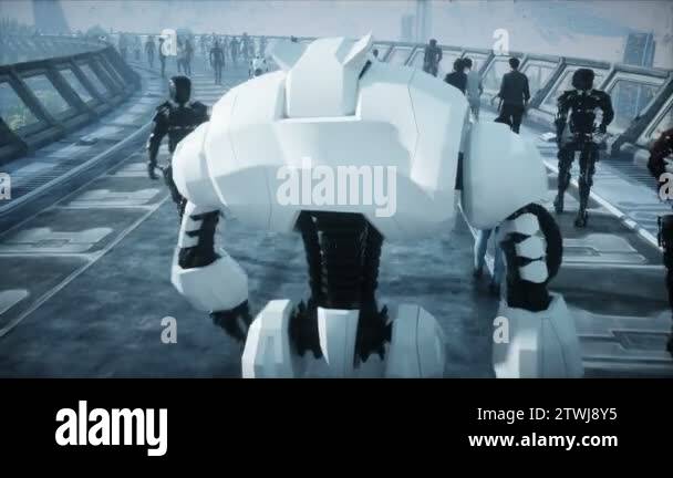 People and robots. Sci fi tonnel. Futuristic traffic. Concept of future ...