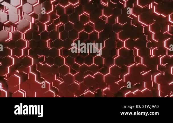 Abstract red of futuristic surface hexagon pattern with light rays. 3D Rendering 4k animation ...
