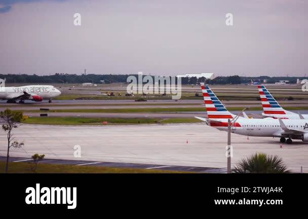 Orlando, Florida. June 03, 2019 . Virgin Atlantic airplane gliding on ...
