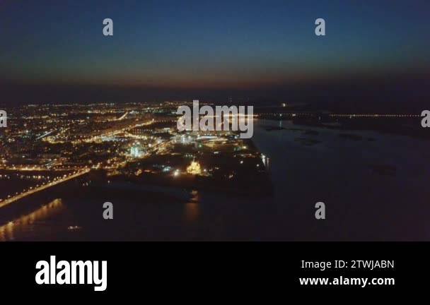 Night view from the air on Nizhny Novgorod. View of confluence of ...