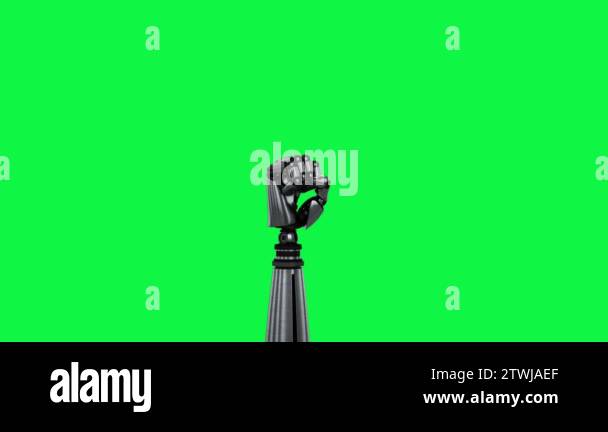 Digital animation of a robot arm spinning on a green background. The ...