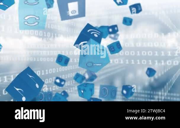 Digital animation of internet icons and symbols on cubes falling down in a cloudy sky. Binary ...