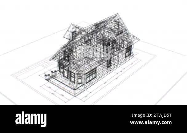 Rotating 3d Blueprint of Abstract Cottage on Engineering Plan Seamless ...