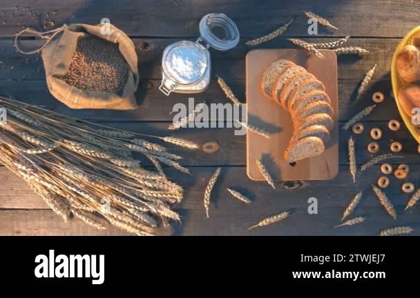 Bakery, wheat and flour on an old table.Top view. The glide of the ...