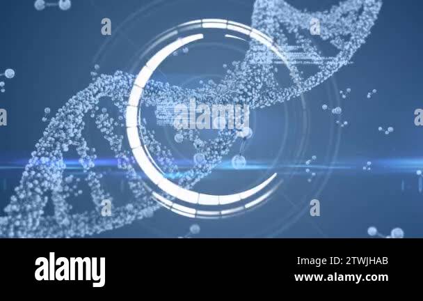 Digital animation of a DNA helix rotating with codes and blinking light ...