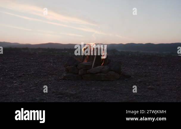 Picnic on the nature. Red ember glowing in ash fireplace wood burning ...