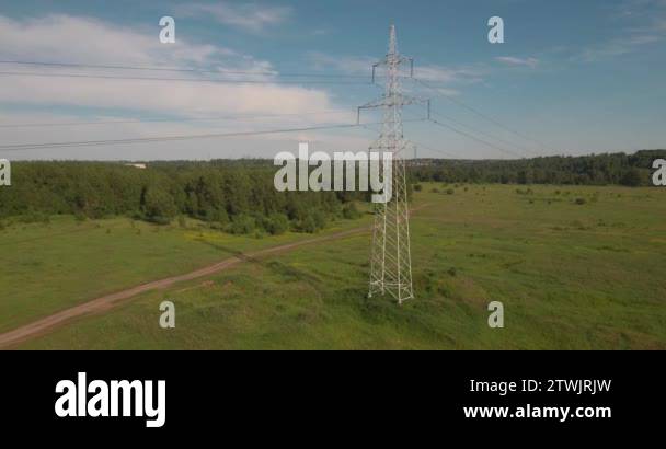 Top view, AERIAL: power lines. Electric high-voltage supports ...