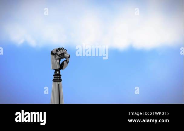 Digital animation of a robot arm rotating on a sky background. The hand ...