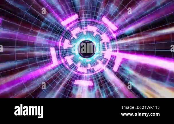 Flight in out through block grid neon hyperspace lights digital cyber ...