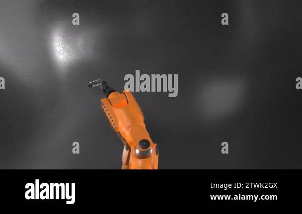 Robotic Arm Cutting Metal Sheet Process with Sparks and Flare. Two ...