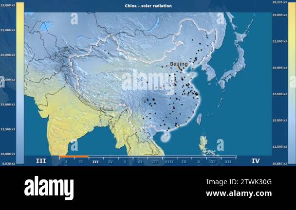 Solar radiation by month in the China area with animated legend ...