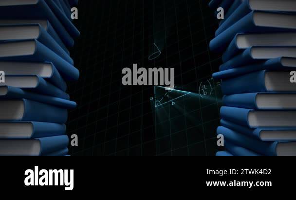 Digital animation of a pile of blue books on the left and right side of ...