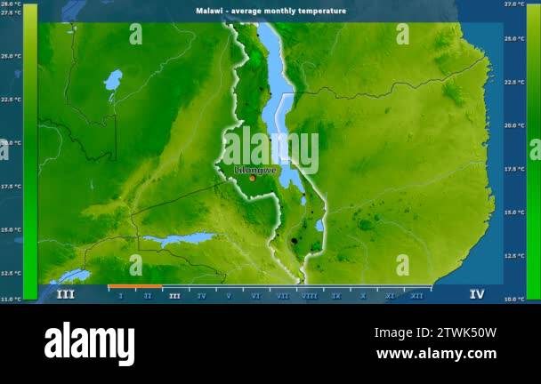 Average temperature by month in the Malawi area with animated legend - English labels: country ...