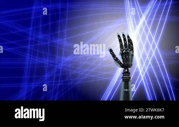 Digital animation of robot hand rotating on an abstract background with ...