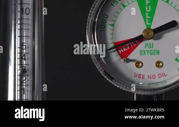 Close-up of medical oxygen flow meter shows low oxygen or an nearly ...