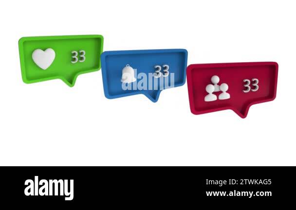 Digital animation of heart, bell and subscribe icons with increasing ...