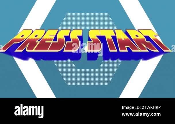 Digital animation of press start text in arcade theme. The background ...