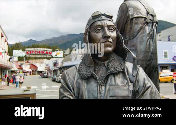 Ketchikan Alaska Historical Bronze Statue Close Up with Focus Pull to ...