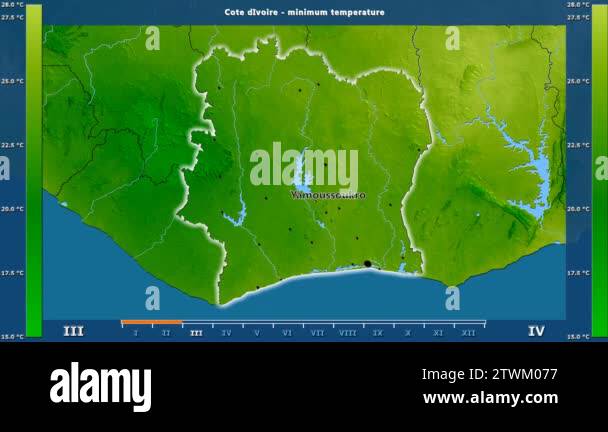 Minimum temperature by month in the Cote Divoire area with animated ...