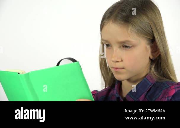 4K Child Reading Green Book, Portrait Student Girl Learning White ...