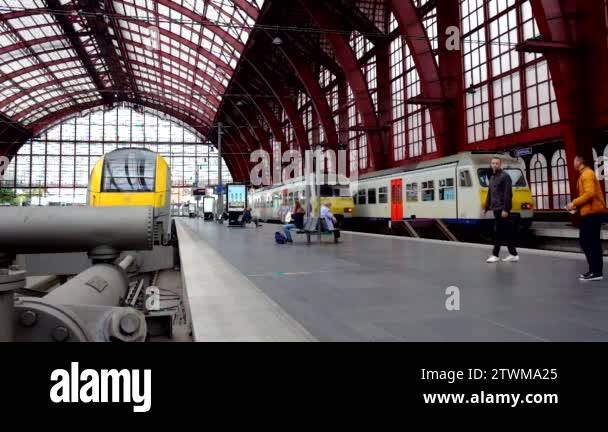Antwerp, Belgium - Anno 2019: The train is waiting at the platform for ...