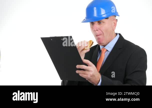 Engineer Working Take a Break Eat a Tasty Sandwich and Read from ...