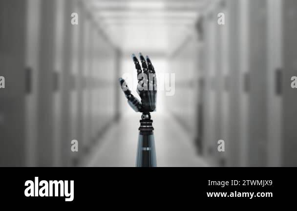Digital animation of rotating robot arm in hallway. The arm is slowly ...