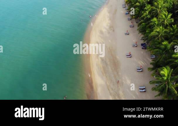 Blue lagoon and sandy beach with palms. Aerial view of blue lagoon and ...