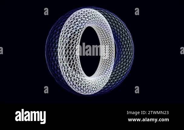 Two 3D rotating rings frames on black background, seamless loop ...