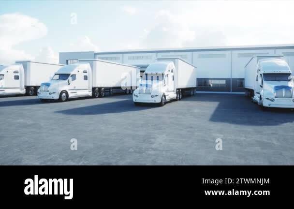Logistics center with white 3d model of trucks. Logistic, transport and ...