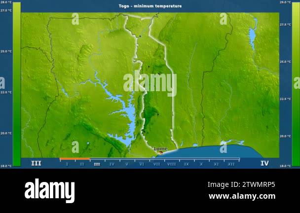 Minimum temperature by month in the Togo area with animated legend ...