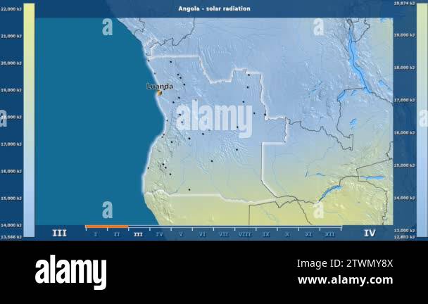 Solar radiation by month in the Angola area with animated legend ...
