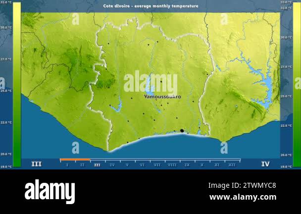 Average temperature by month in the Cote Divoire area with animated legend - English labels ...