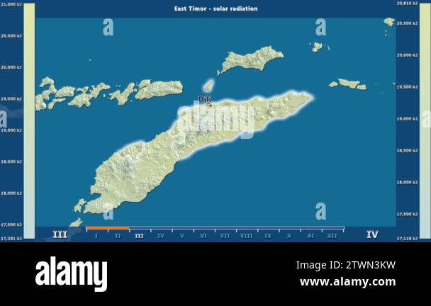 Solar radiation by month in the East Timor area with animated legend ...
