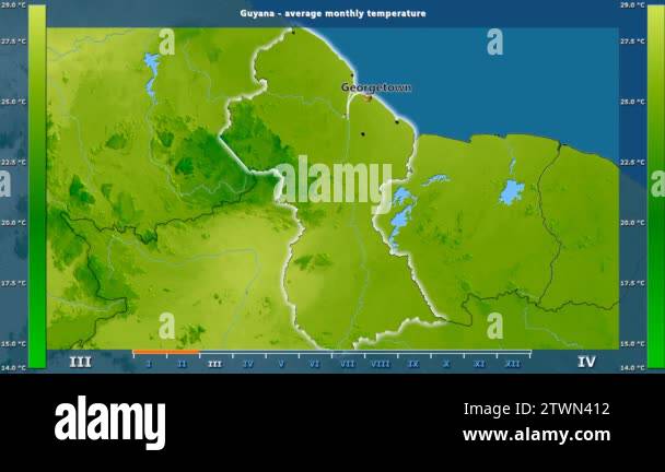Average temperature by month in the Guyana area with animated legend - English labels: country ...