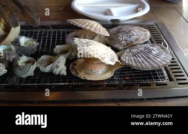 Various kind of grilled sea shells scallop(Hotate), horned turban sea ...