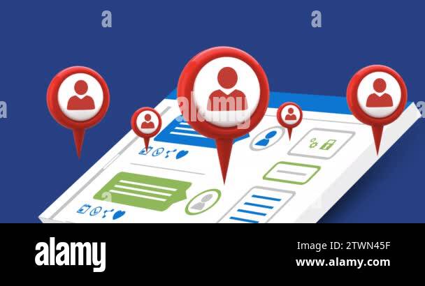Digital animation of red map pins with profile icons appearing in the ...