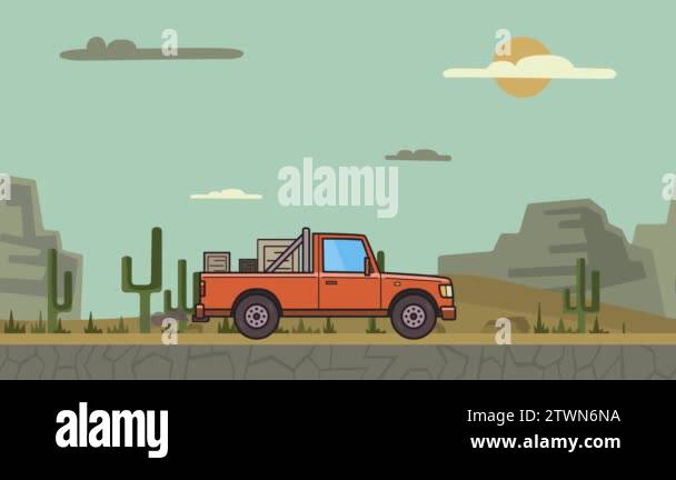 Animated pickup truck with boxes in the trunk riding through canyon ...
