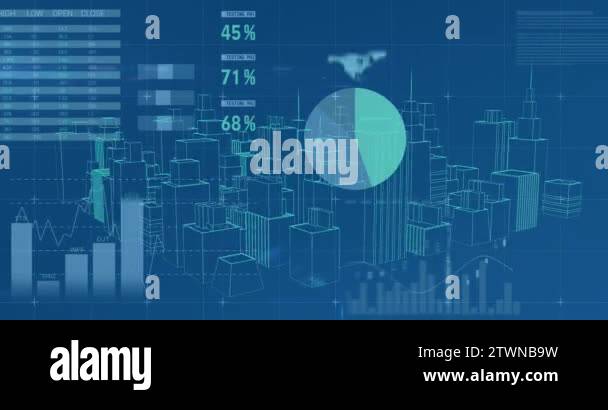 Digital animation of virtual buildings in a city rotating in the blue ...
