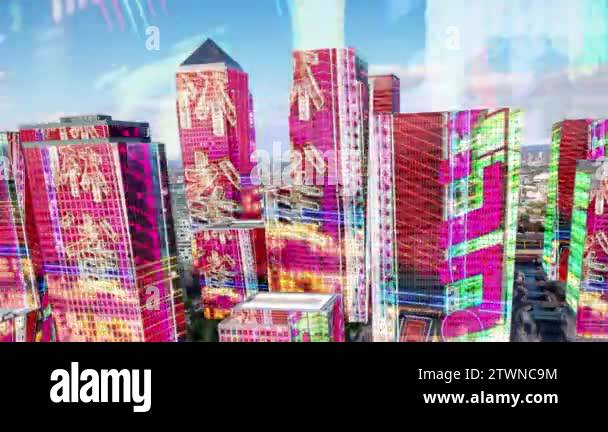 london docklands timelapse with neon and light display mapped onto each ...