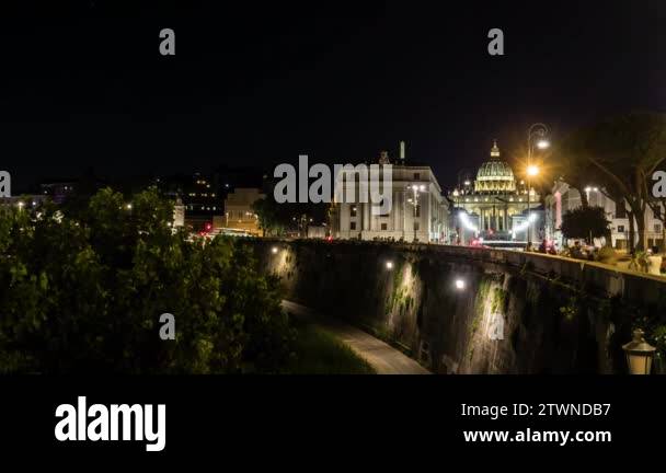 Rome 2019. Time Lapse of the walls of the Tiber river and of St. Peter's Basilica in the Vatican ...