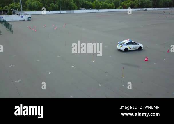 aerial view of police cars at the autodrome, asphalt autodrome with ...