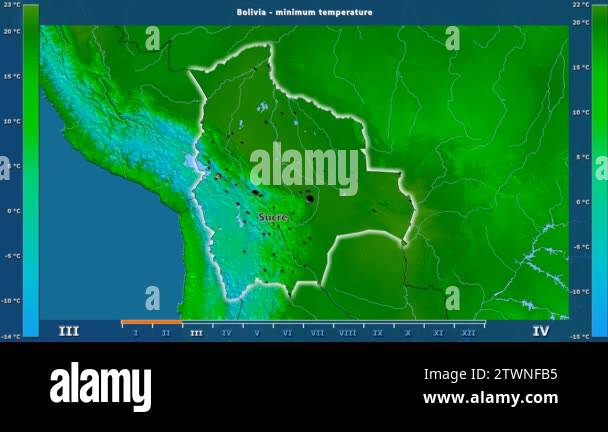 Minimum temperature by month in the Bolivia area with animated legend ...