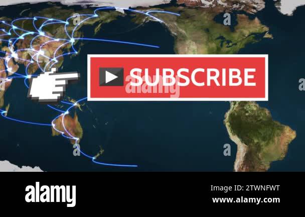 Digital animation of red subscribe button with a hand icon pointing ...