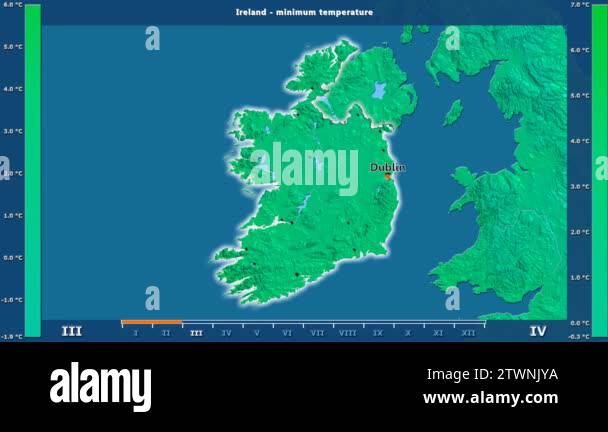 Minimum temperature by month in the Ireland area with animated legend ...